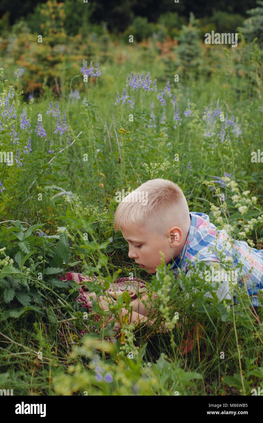 Boy relaxing in a meadow Stock Photo - Alamy