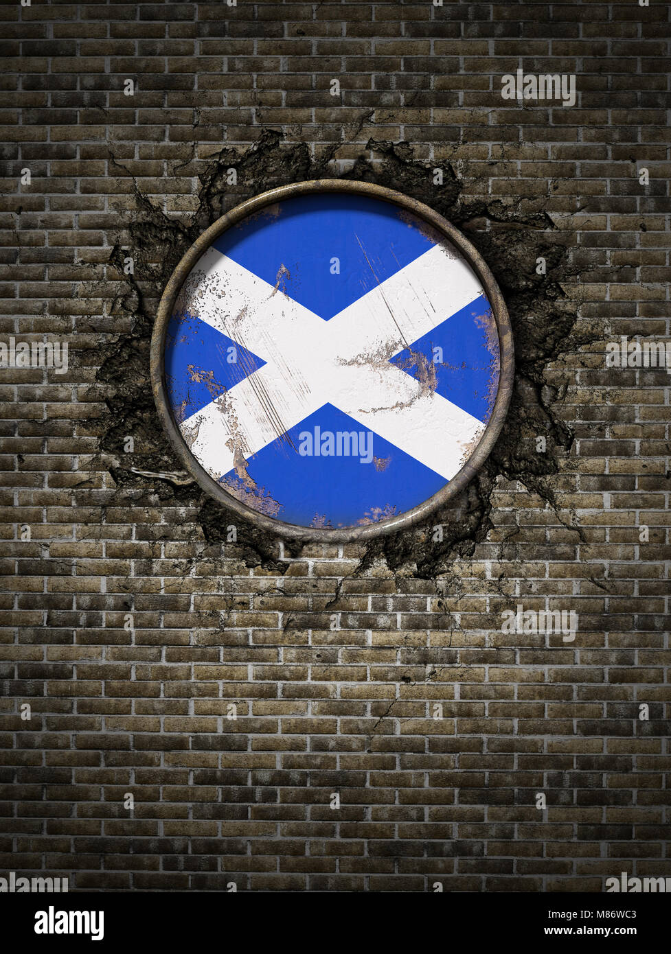 3d rendering of a Scotland flag over a rusty metallic plate embedded on ...