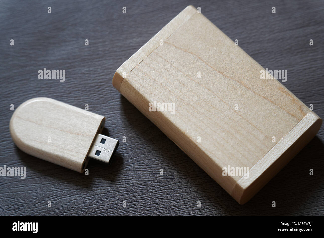 Usb flash drive with wooden surface in wooden box on desk for USB port ...