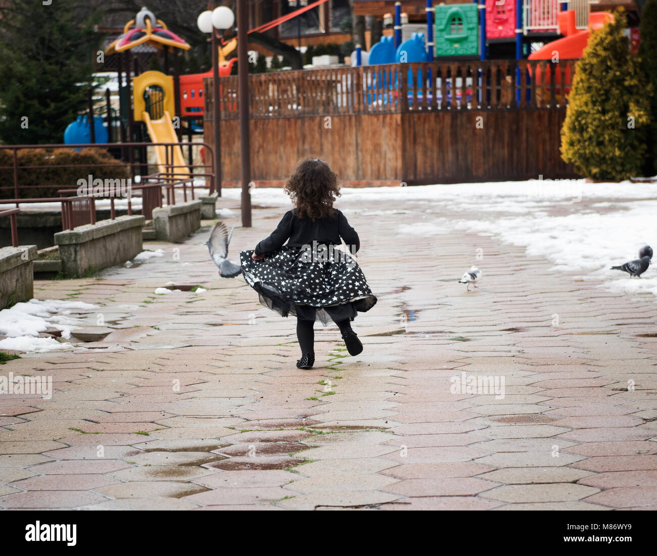 Girl running down the street chasing pigeons Stock Photo - Alamy