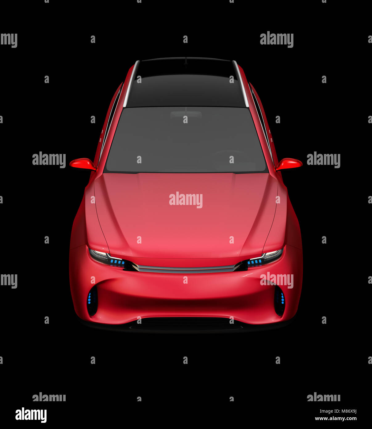 Front view of metallic red Electric SUV concept car on the ground. 3D ...