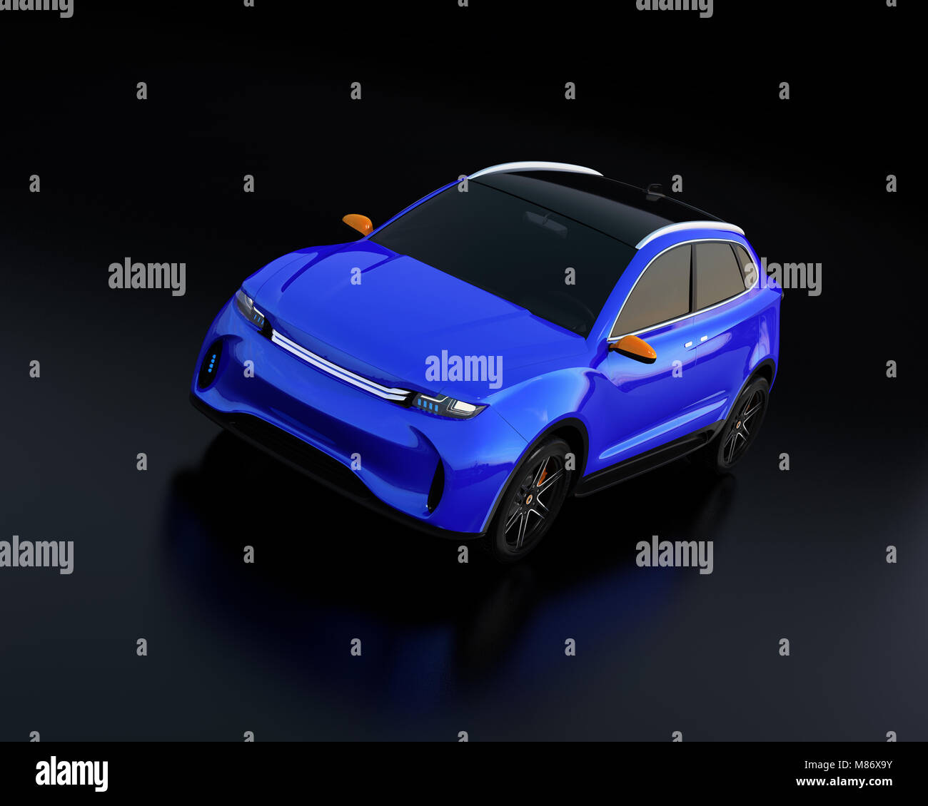 Metallic blue Electric SUV concept car on the ground. 3D rendering ...