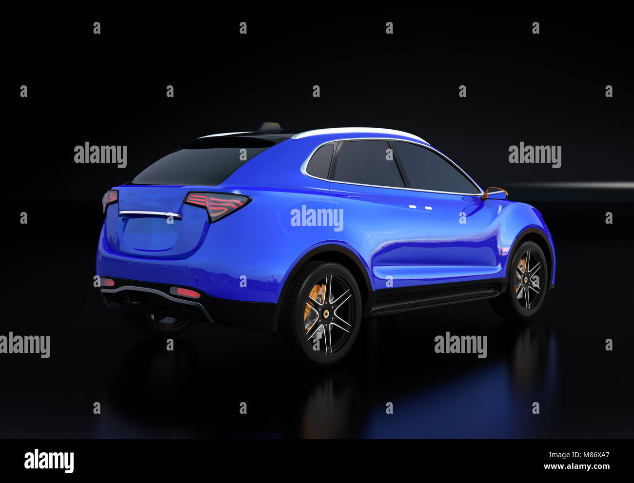 Rear view of metallic blue Electric SUV on the ground. 3D rendering ...