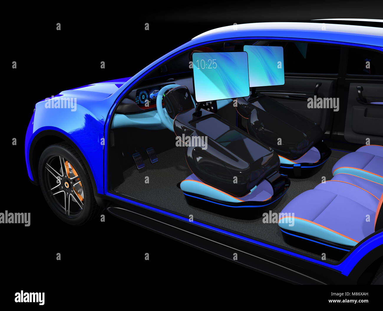 Electric self-driving SUV car interior. Front seats are equipped with ...