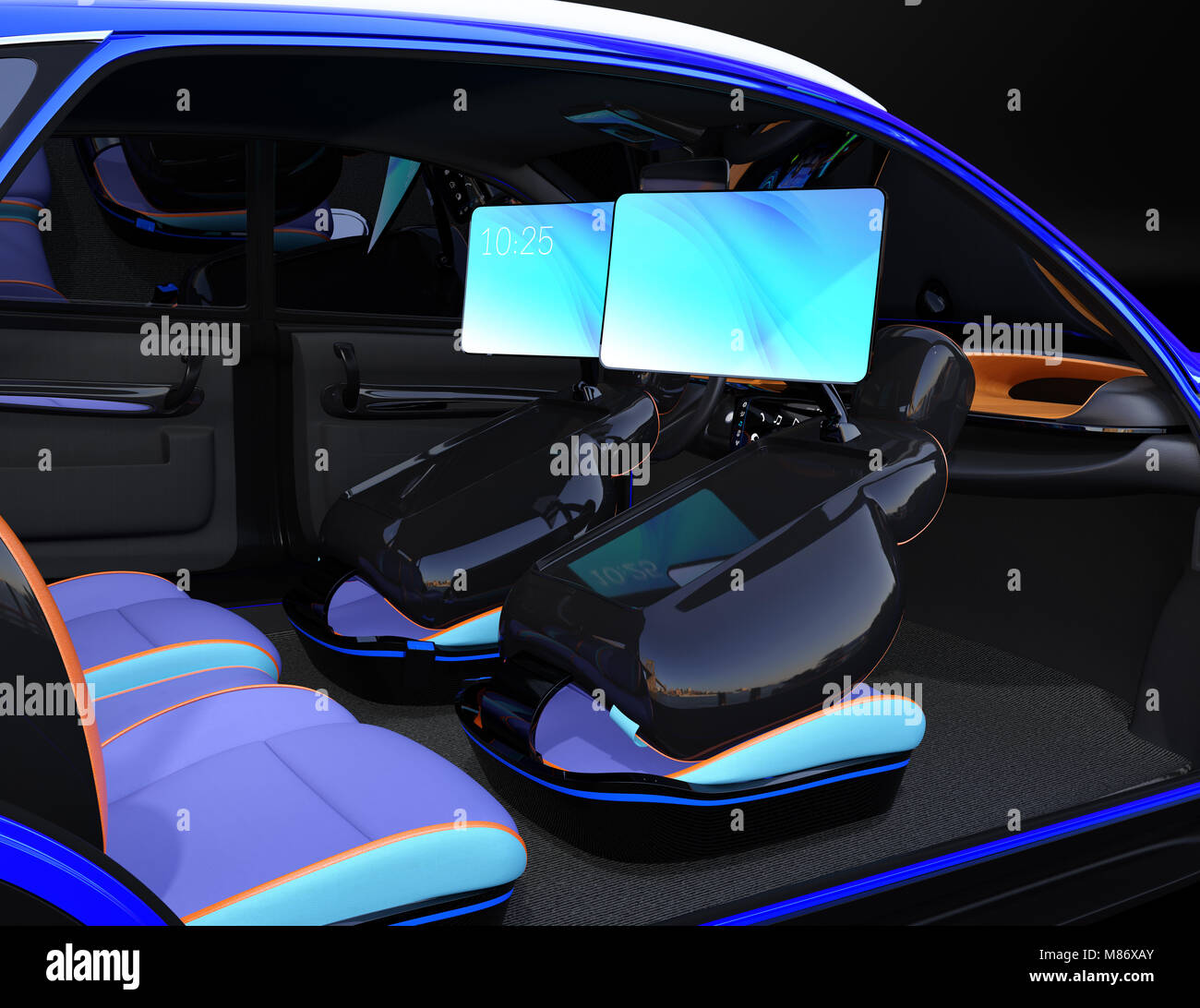 Electric self-driving SUV car interior design. Front seats are equipped ...