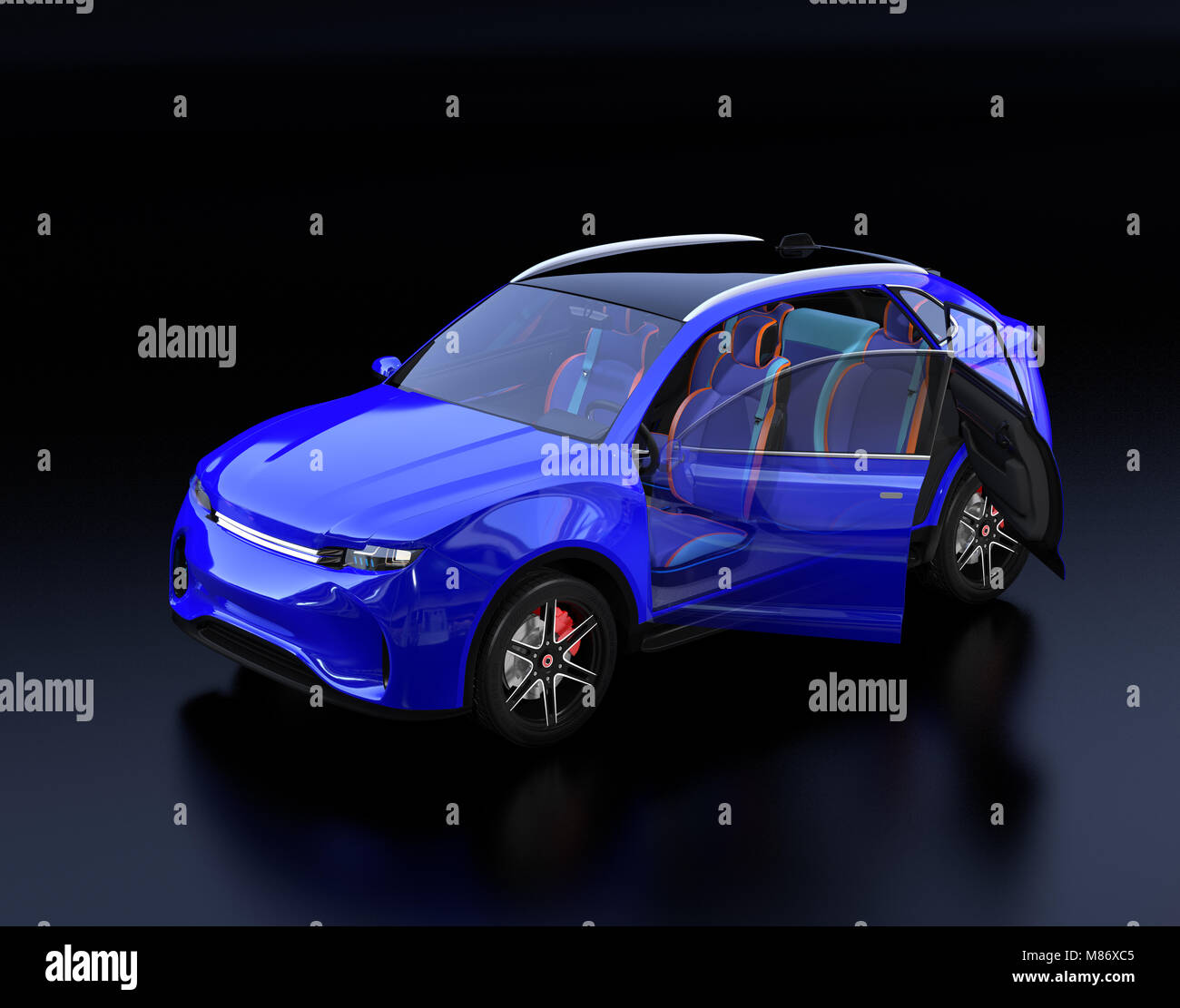 Metallic blue Electric SUV interior on black background. 3D rendering ...