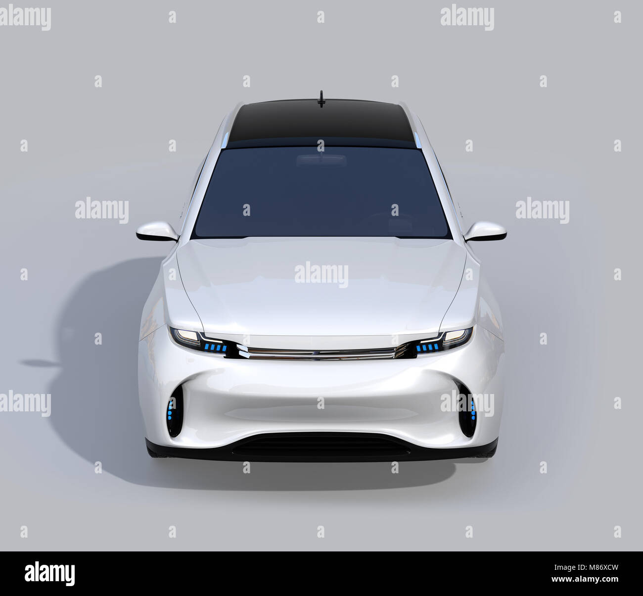 Front view of white electric SUV car on gray background. 3D rendering ...