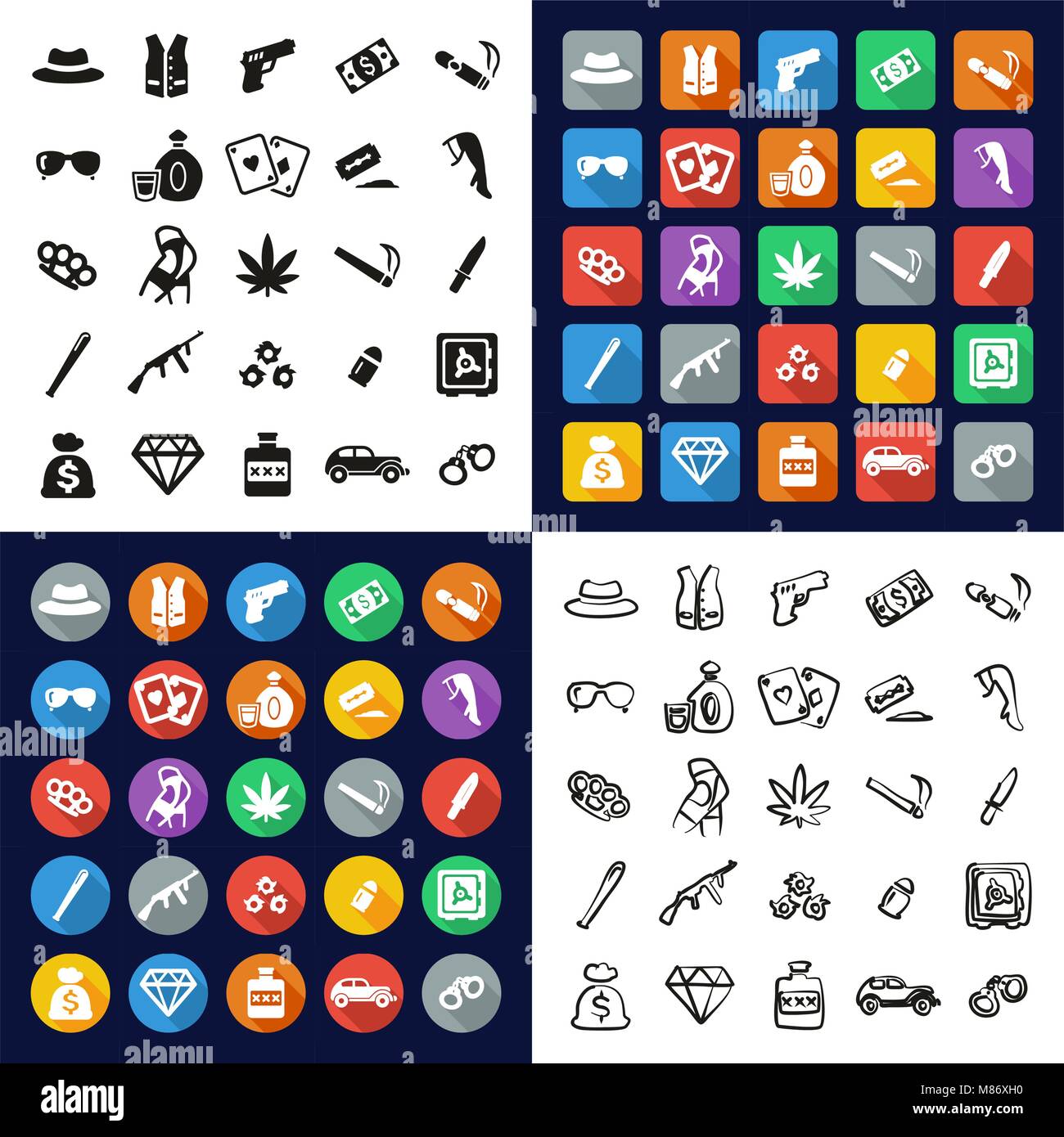 Gangster All in One Icons Black & White Color Flat Design Freehand Set ...