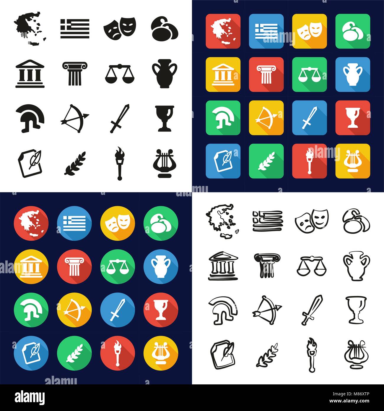 Greece All in One Icons Black & White Color Flat Design Freehand Set ...