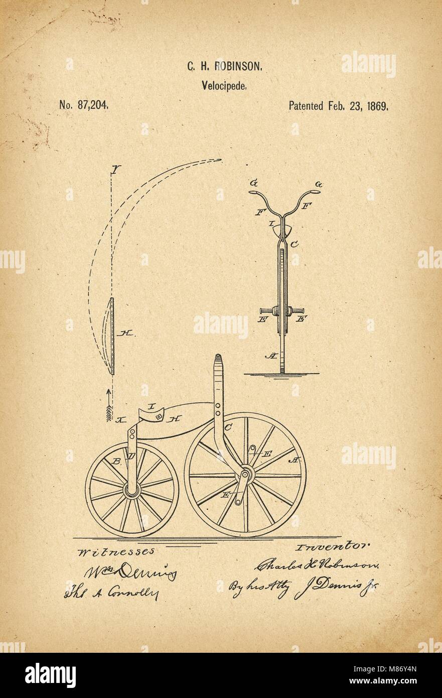 1869 Patent Velocipede Bicycle history invention Stock Photo - Alamy