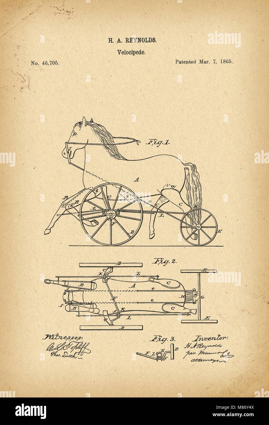 1865 Patent Velocipede Bicycle history invention Stock Photo - Alamy