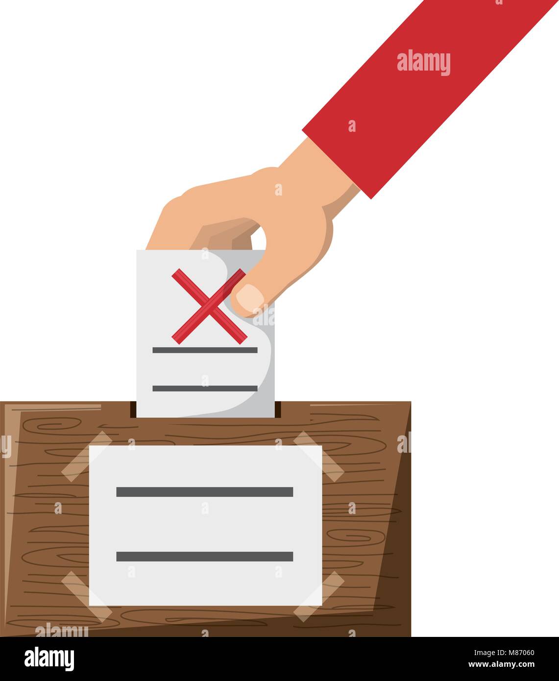 Hand putting a voting paper with a cross in the ballot box over white ...