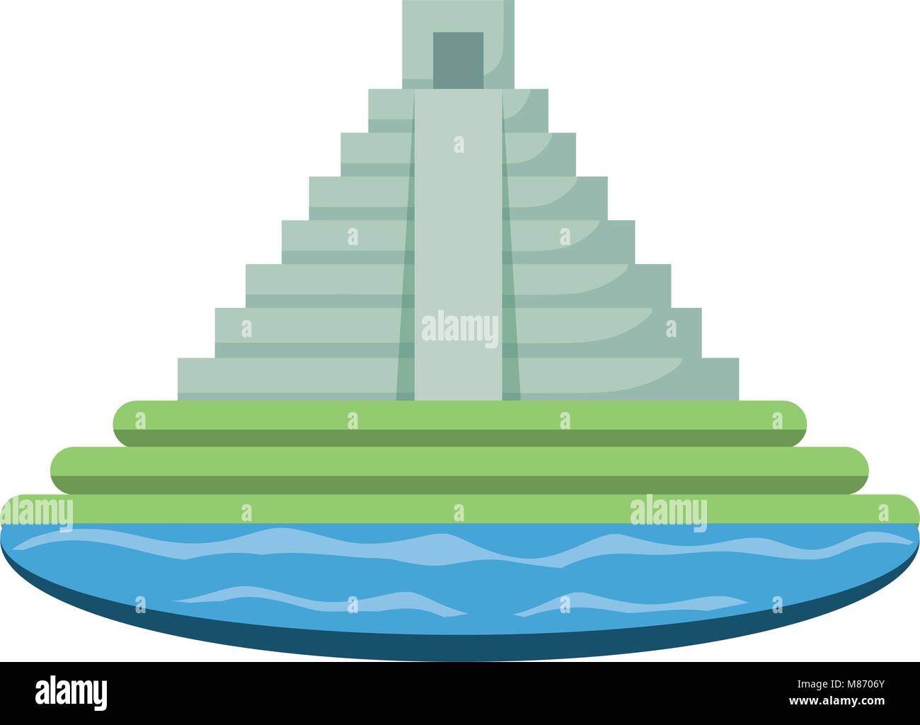 mexican pyramid surrounded by water over white background, colorful ...