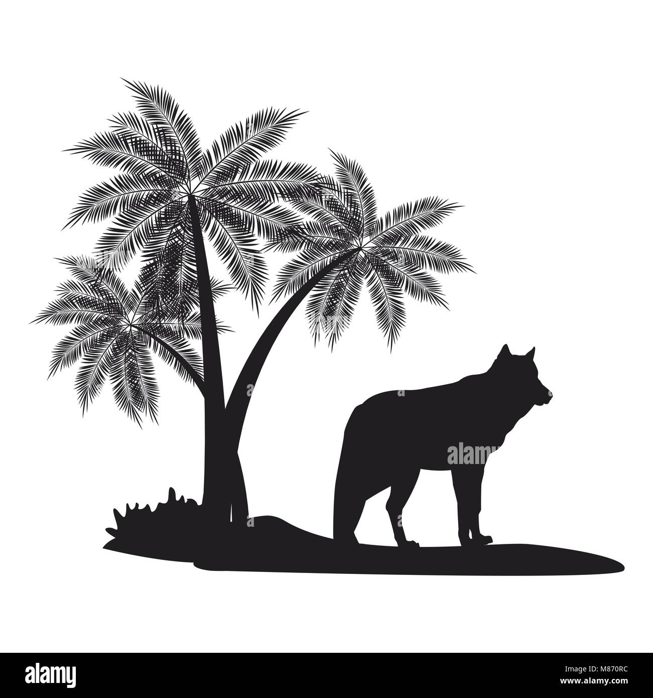 Wolf and palm tree black silhouette vector illustration graphic design ...