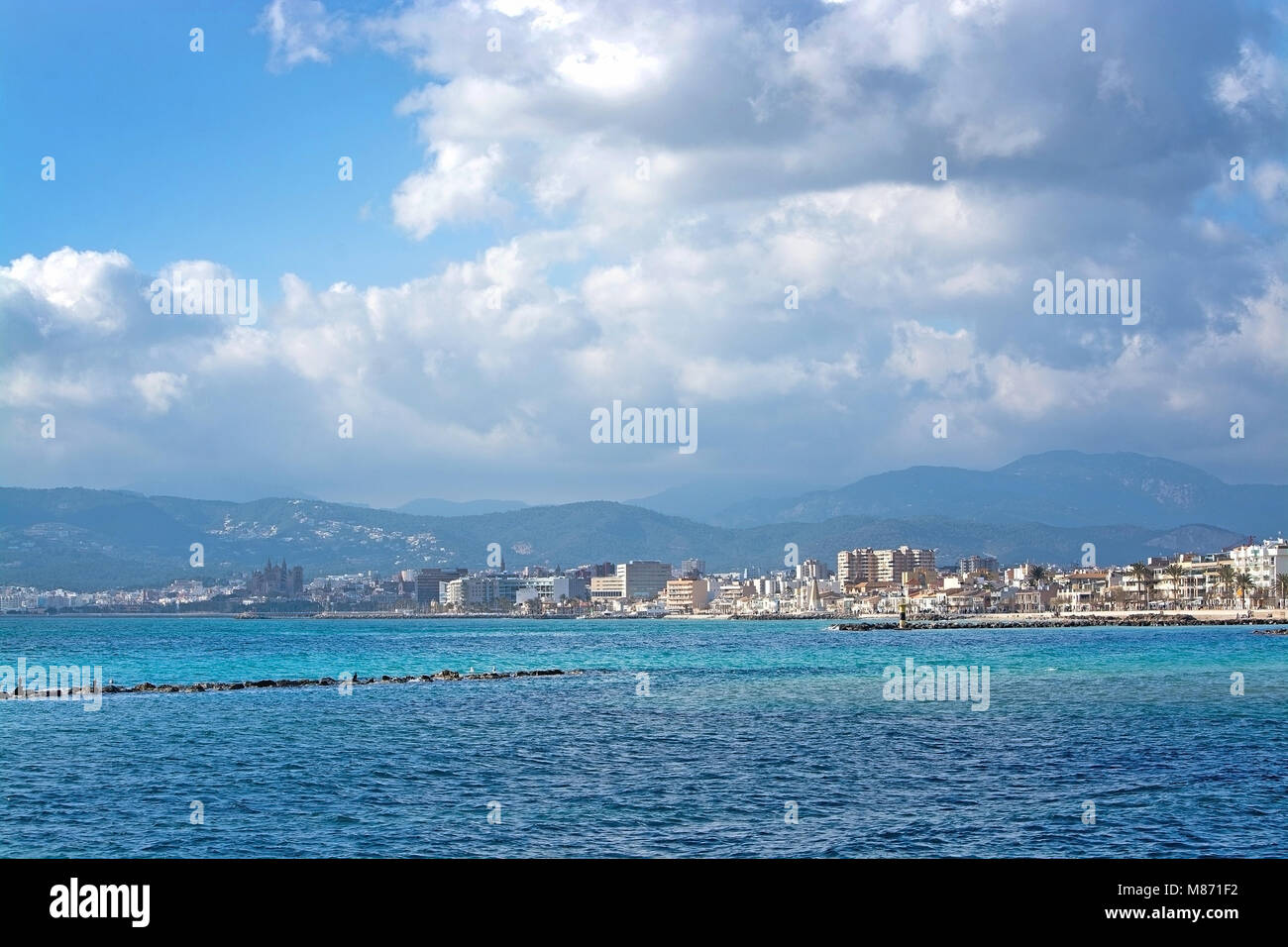 PALMA DE MALLORCA, SPAIN - FEBRUARY 25, 2018: Blue ocean and Palma city ...