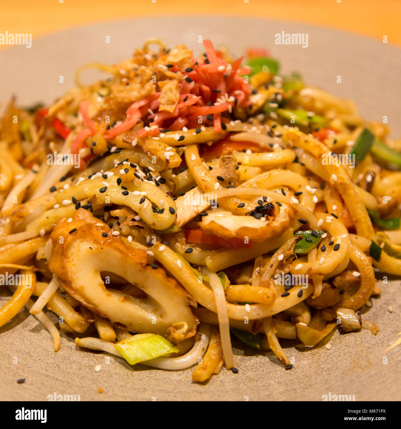 Udon noodles served in Windsor, England. The dish features seafood and ...