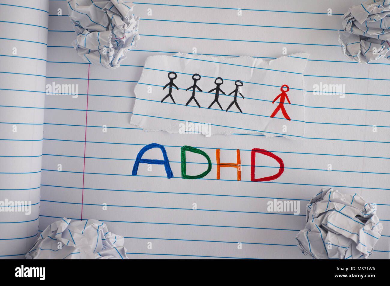 ADHD. Abbreviation ADHD on notebook sheet with some crumpled paper ...