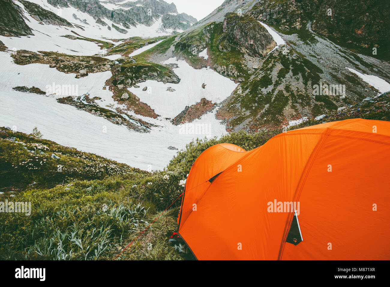 Camping tent bivouac in mountains landscape Travel survival Lifestyle ...