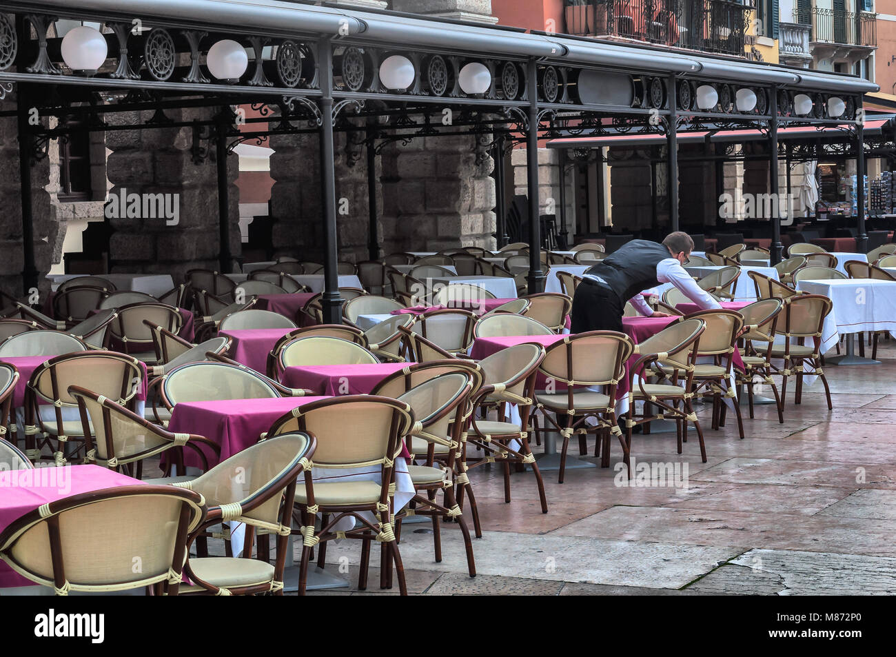 Empty Restaurants an cafes on Piazza Bra. It is the largest piazza in ...
