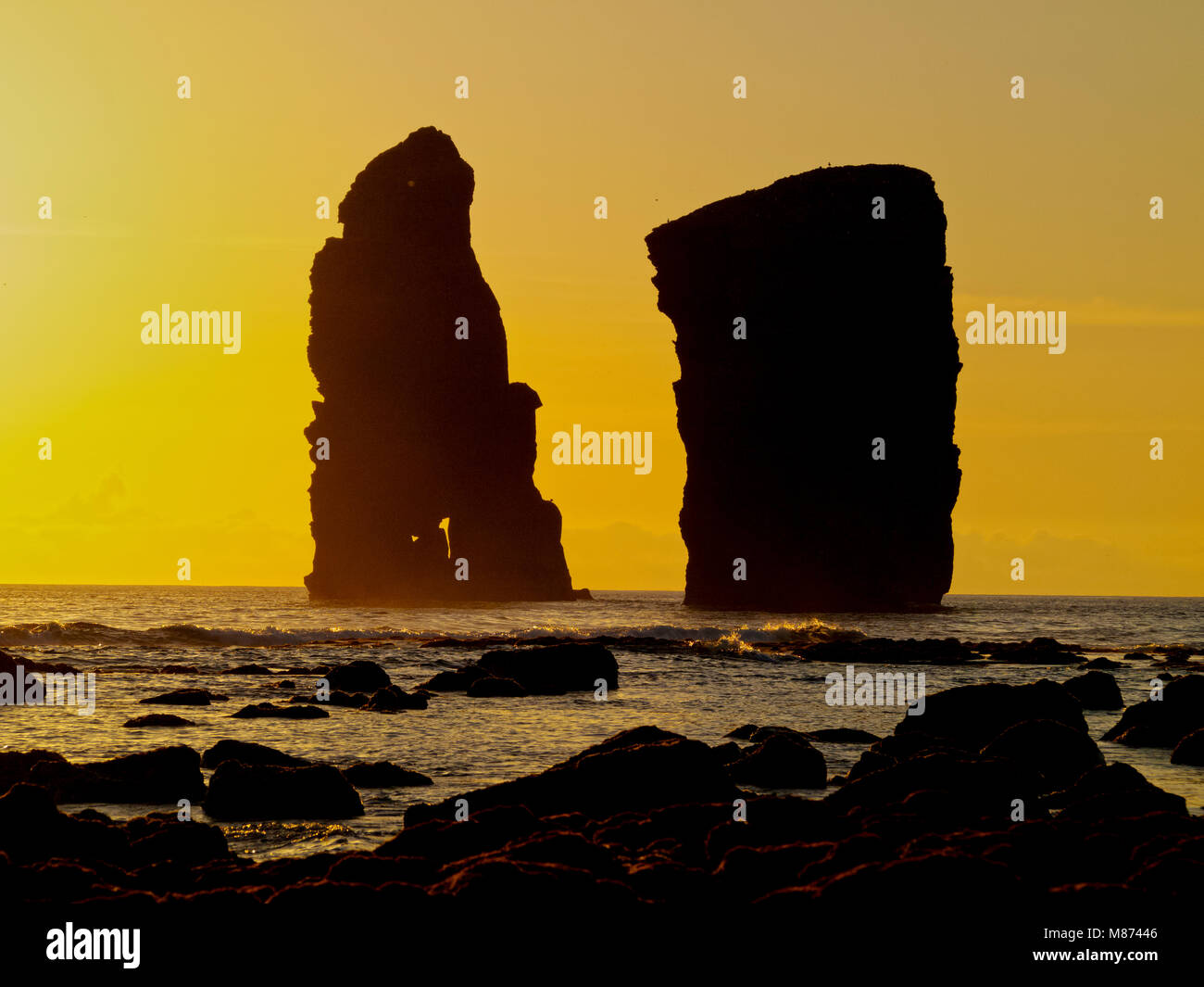 Sunset over the Ilheus dos Mosteiros, Sao Miguel Island, Azores ...
