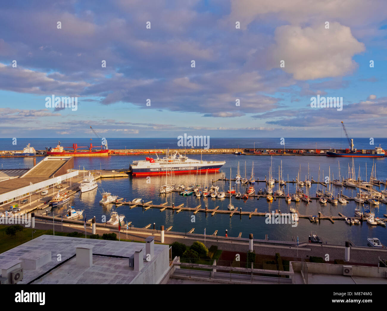 Port in Ponta Delgada at sunset, elevated view, Sao Miguel Island ...