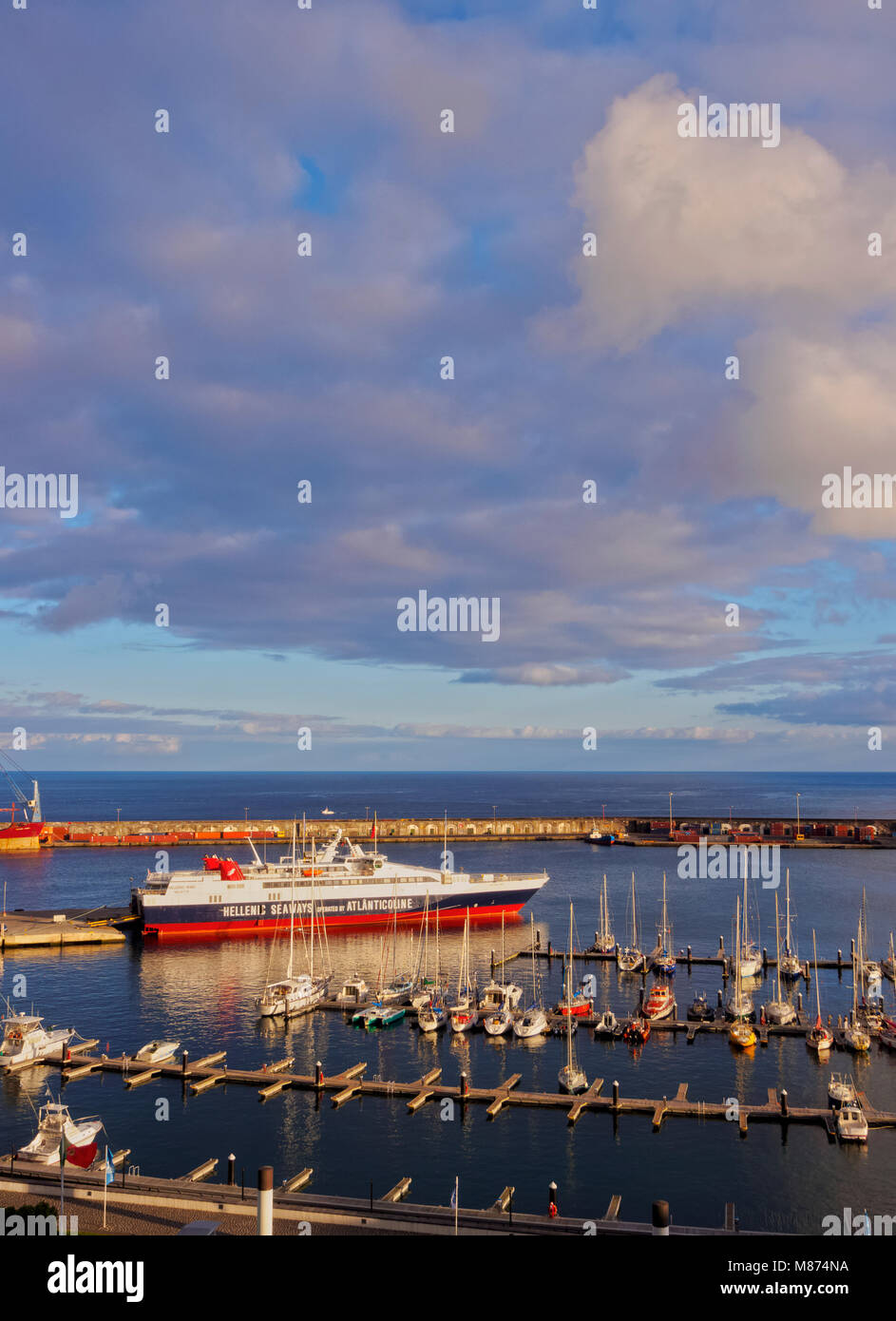 Port in Ponta Delgada at sunset, elevated view, Sao Miguel Island ...