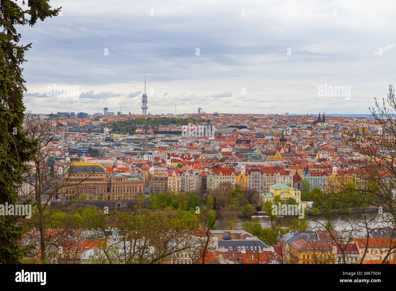 View from the top on the Prague cityscape with famous Zizkov TV tower ...