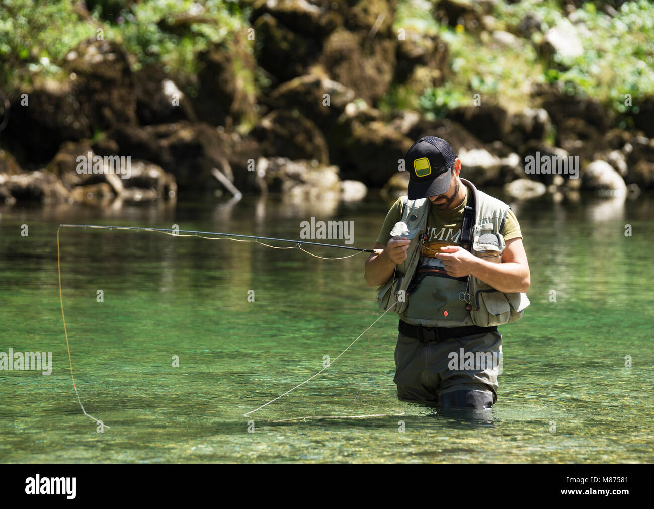 Fly fisherman flyfishing in river Stock Photo - Alamy