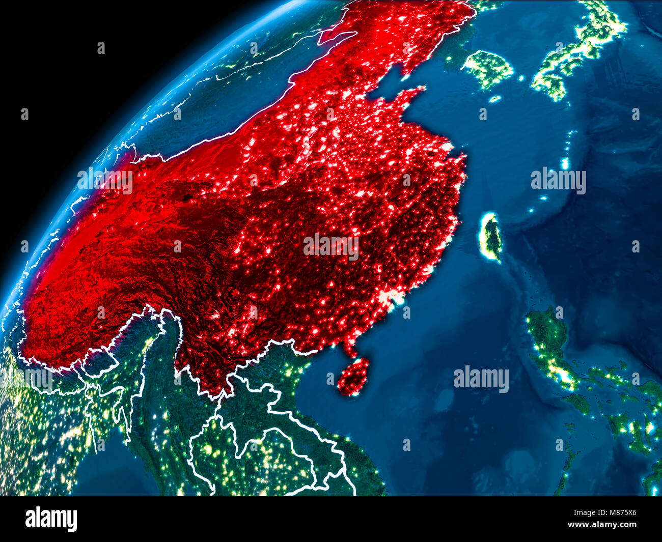 China highlighted in red from Earth’s orbit at night with visible ...