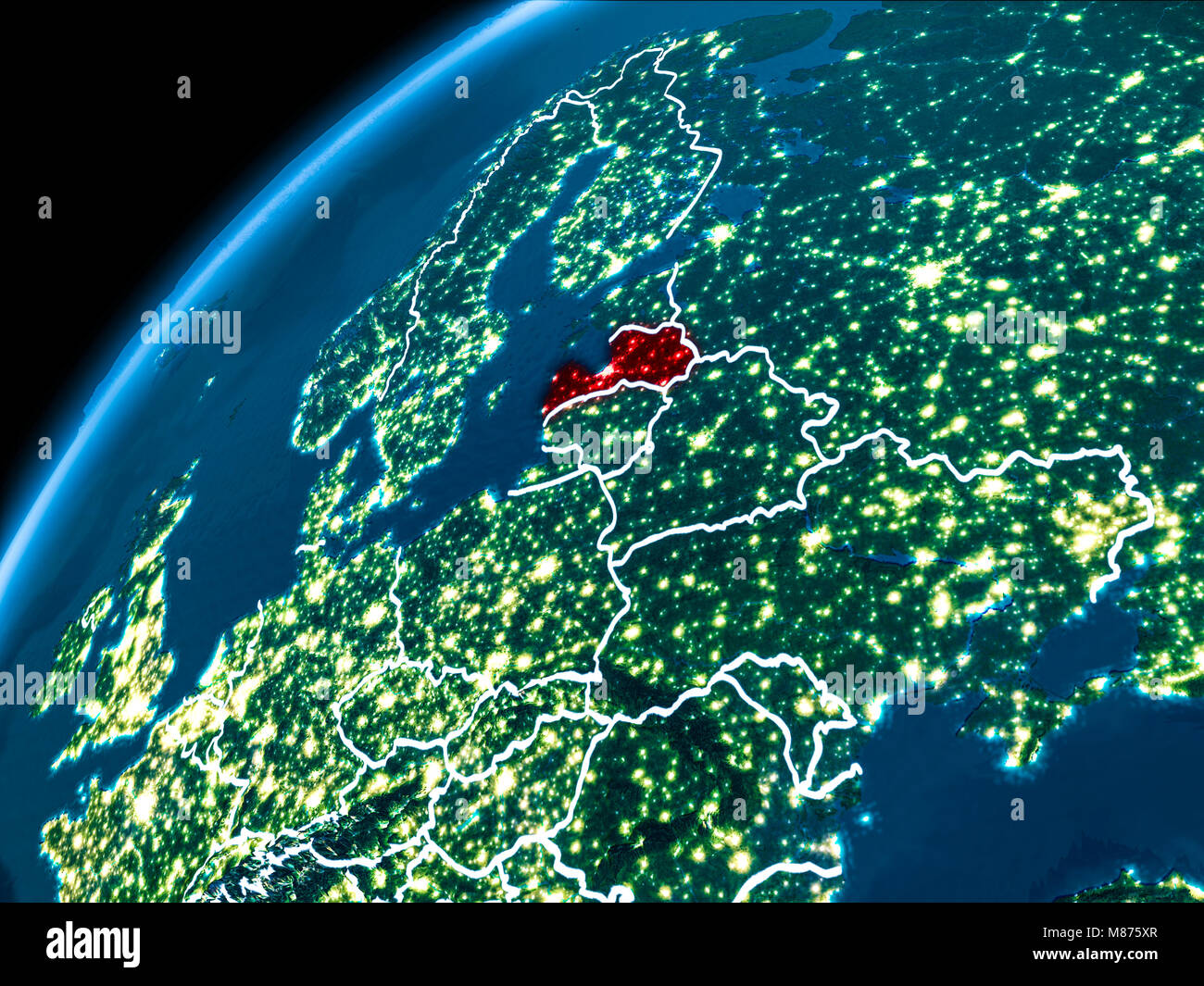 Latvia highlighted in red from Earth’s orbit at night with visible country borders. 3D ...