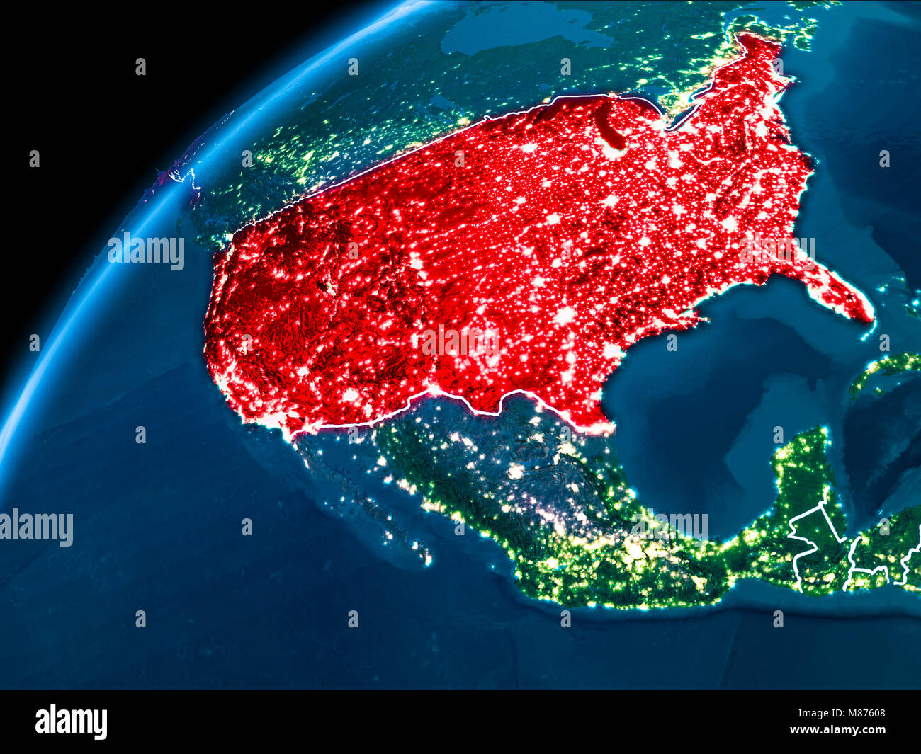 USA highlighted in red from Earth’s orbit at night with visible country ...