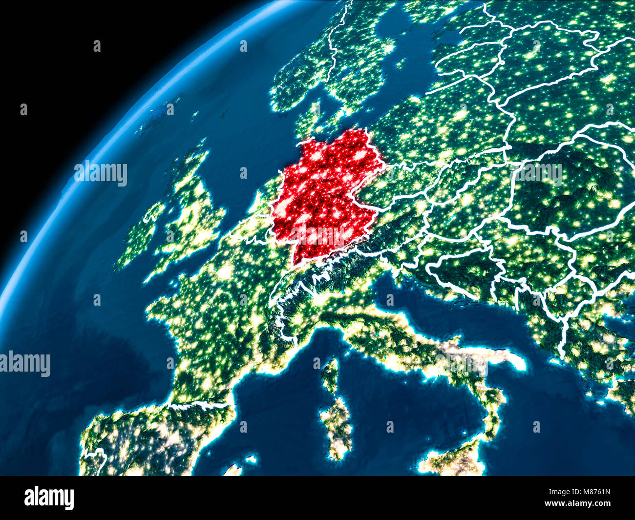Germany highlighted in red from Earth’s orbit at night with visible ...