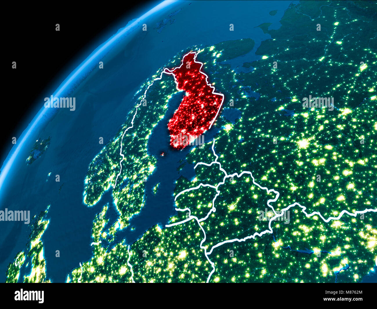 Finland highlighted in red from Earth’s orbit at night with visible ...