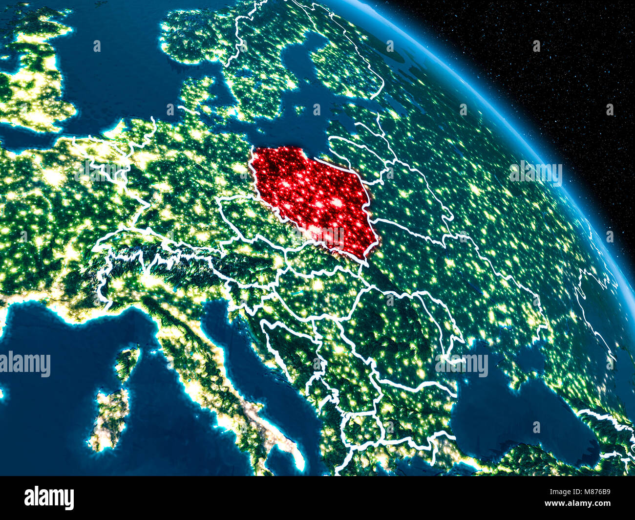 Satellite view of Poland highlighted in red on planet Earth at night ...