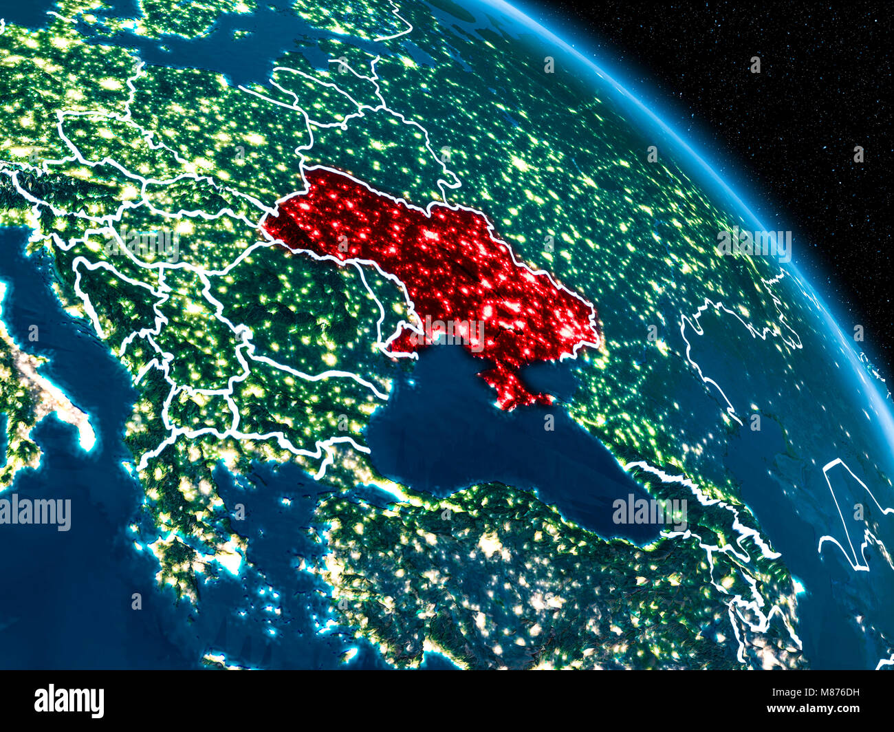 Satellite view of Ukraine highlighted in red on planet Earth at night ...