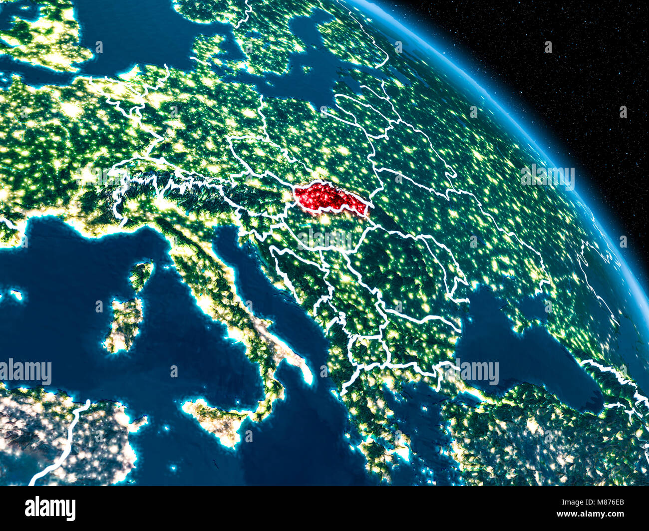Satellite view of Slovakia highlighted in red on planet Earth at night with borderlines and city ...