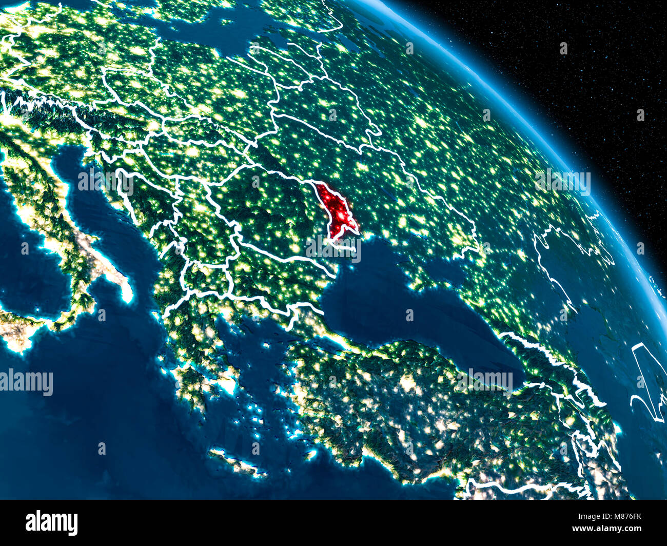 Satellite view of Moldova highlighted in red on planet Earth at night ...
