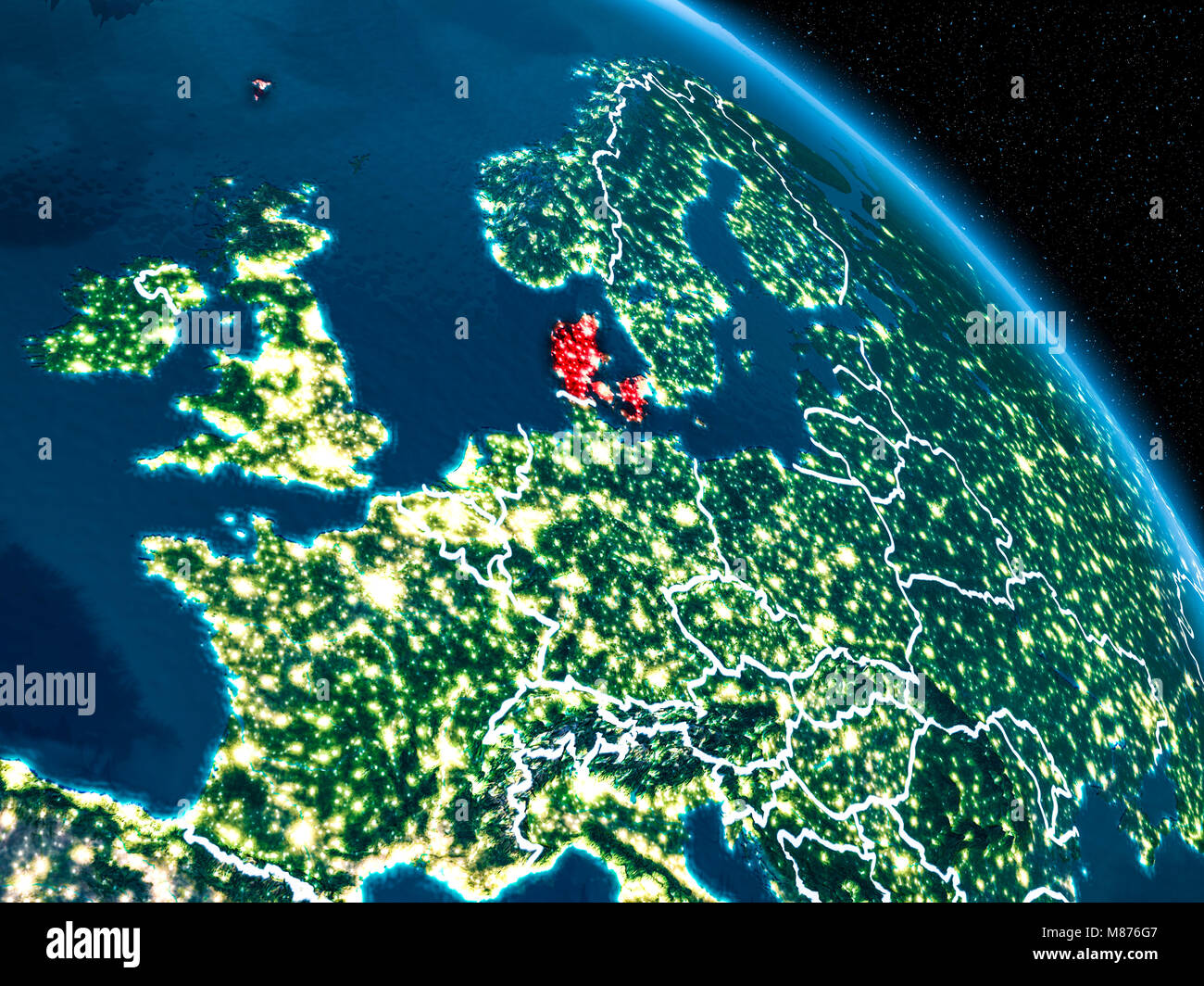 Satellite view of Denmark highlighted in red on planet Earth at night with borderlines and city ...