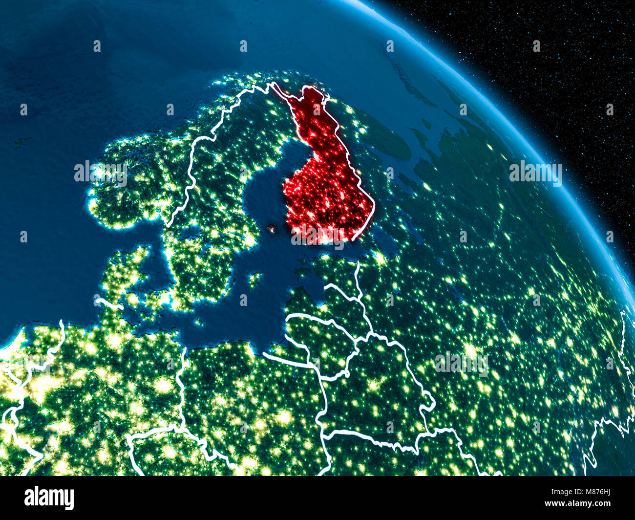 Satellite view of Finland highlighted in red on planet Earth at night ...