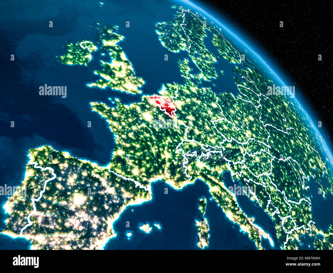 Satellite view of Belgium highlighted in red on planet Earth at night with borderlines and city ...