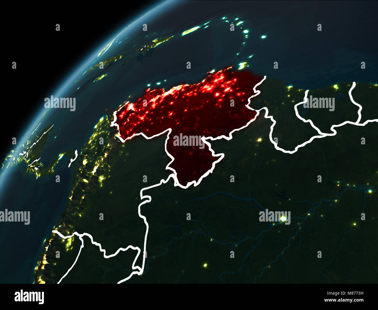 Venezuela in red on planet Earth at night with visible borderlines and ...