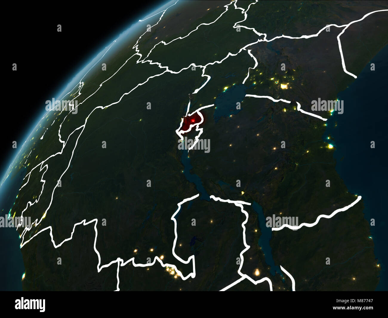 Rwanda in red on planet Earth at night with visible borderlines and ...