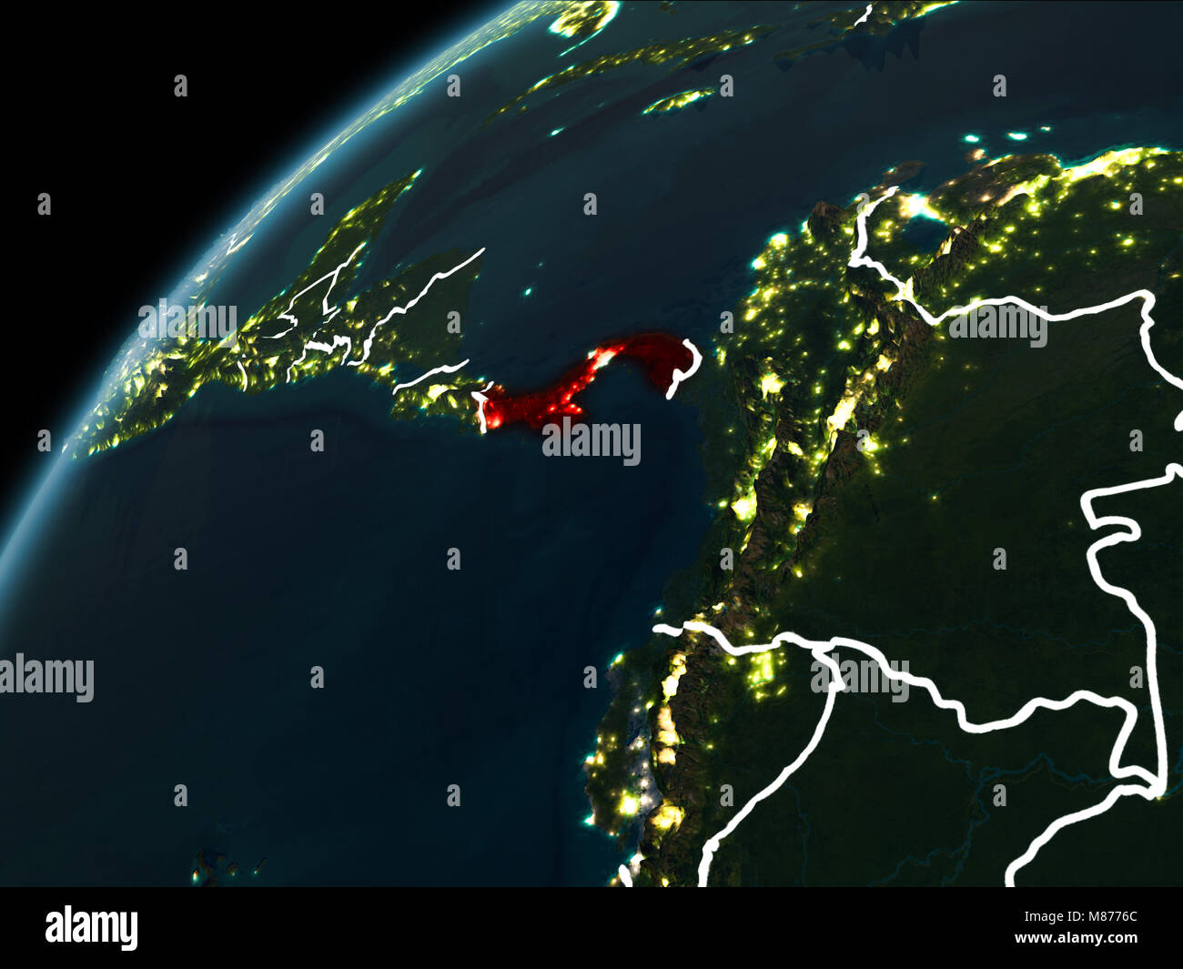 Panama in red on planet Earth at night with visible borderlines and ...