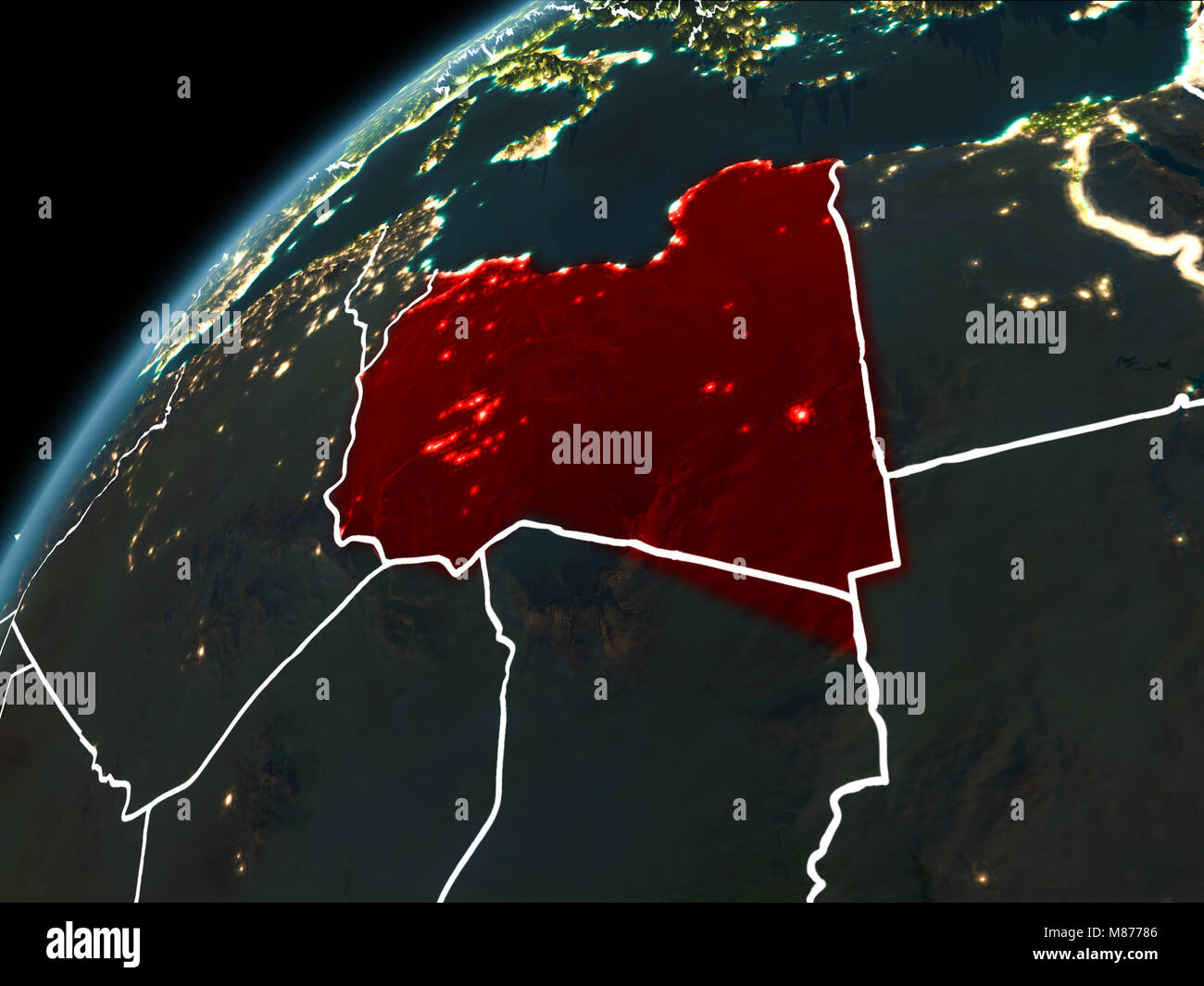 Libya in red on planet Earth at night with visible borderlines and city ...