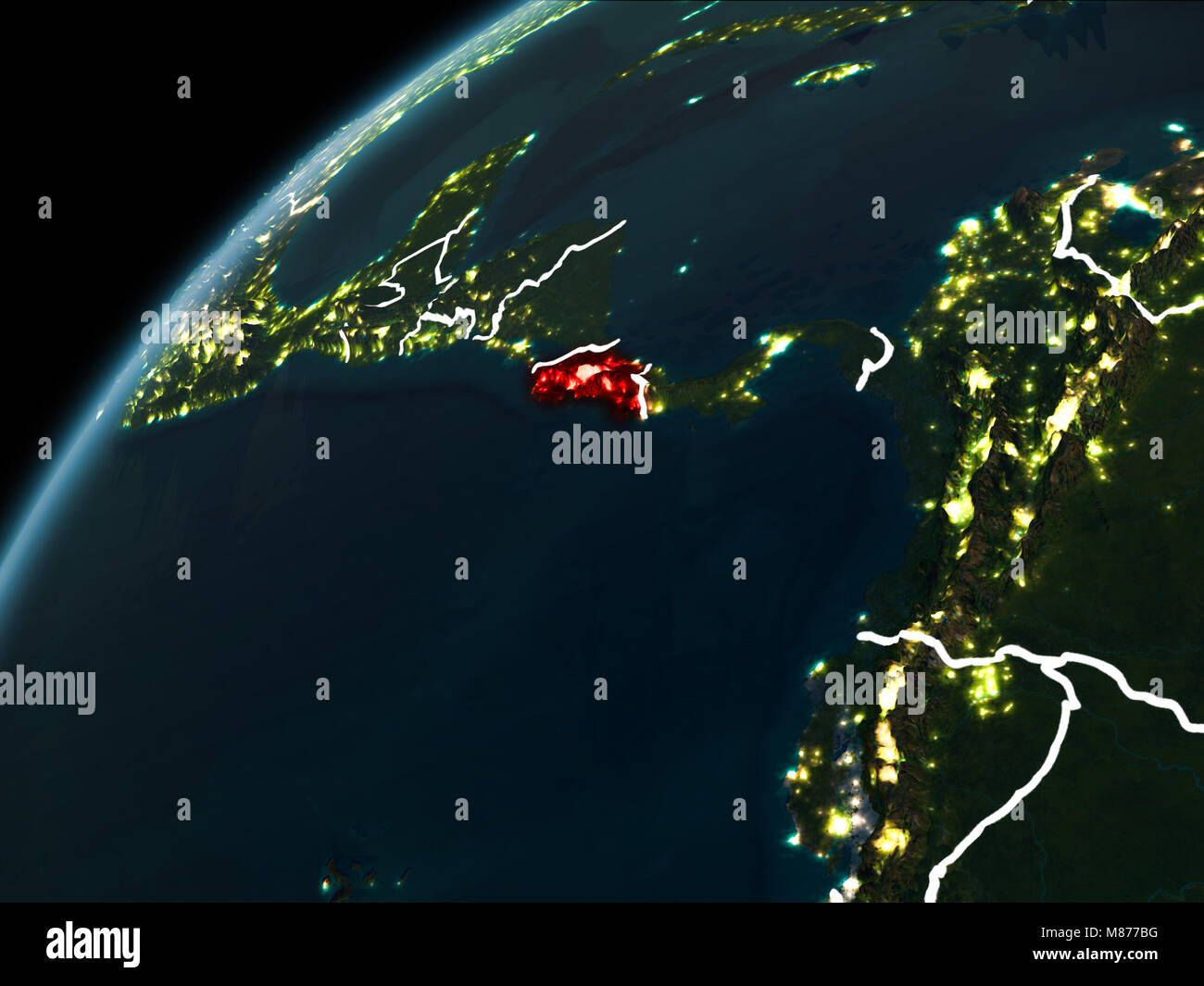 Costa Rica in red on planet Earth at night with visible borderlines and ...