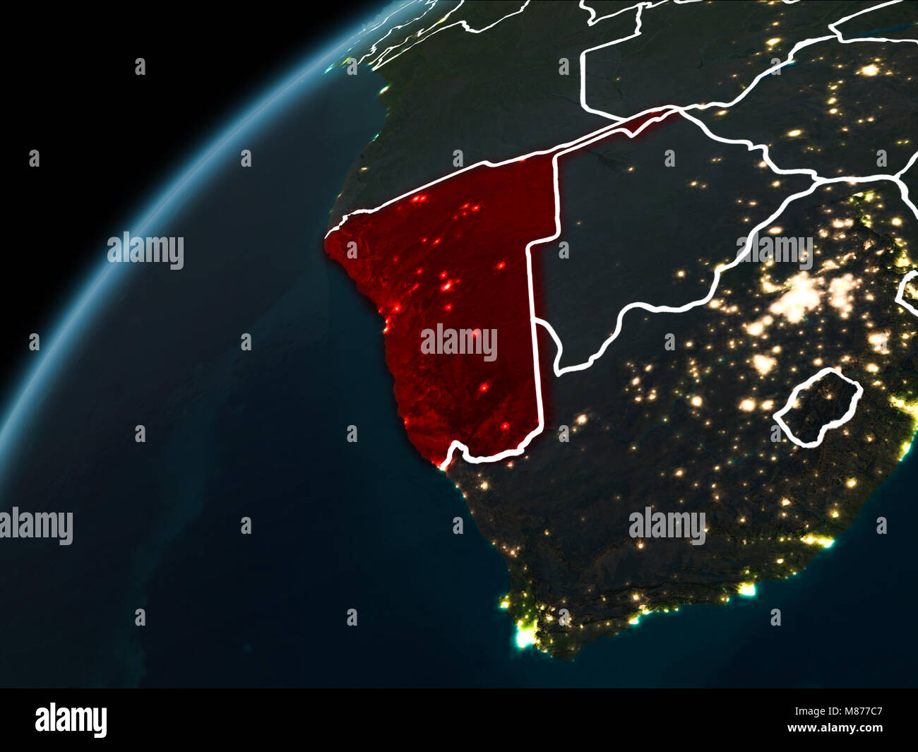 Namibia in red on planet Earth at night with visible borderlines and ...