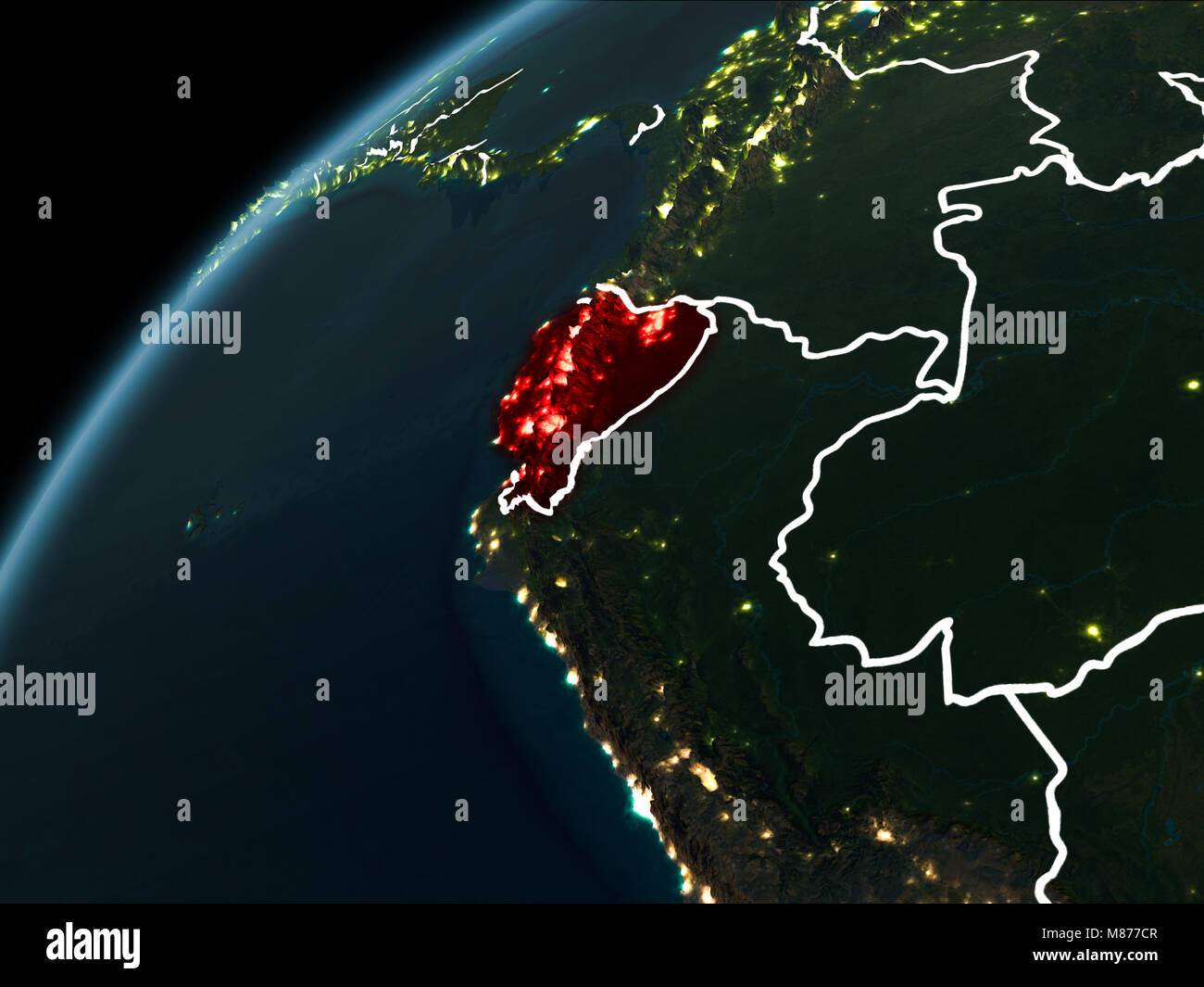 Ecuador in red on planet Earth at night with visible borderlines and city lights. 3D ...