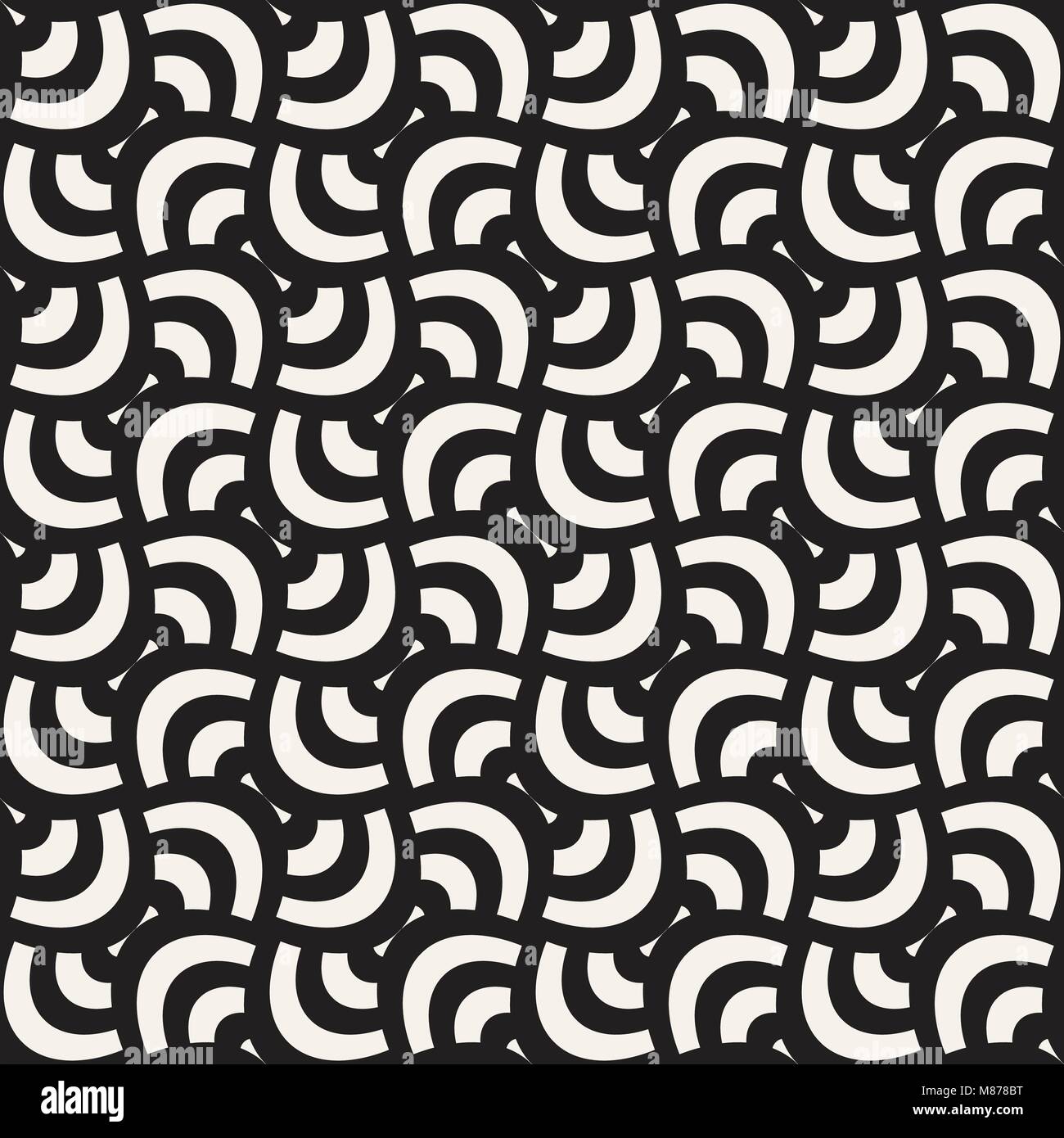 Vector geometric seamless pattern with curved shapes grid. Abstract monochrome rounded lattice ...