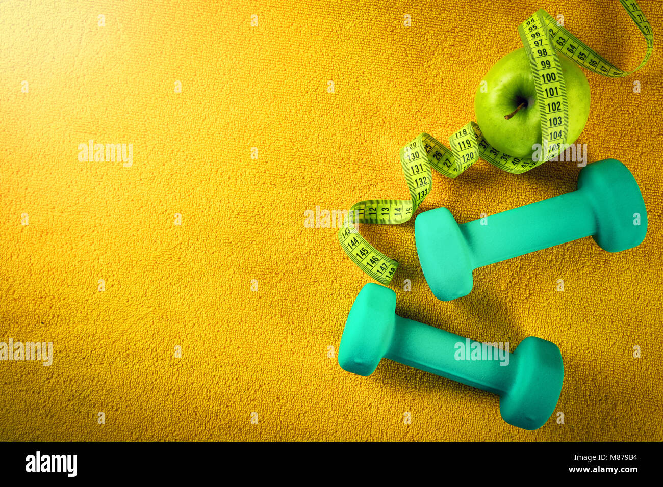 fitness and healthy nutrition concept on yellow background. top view ...