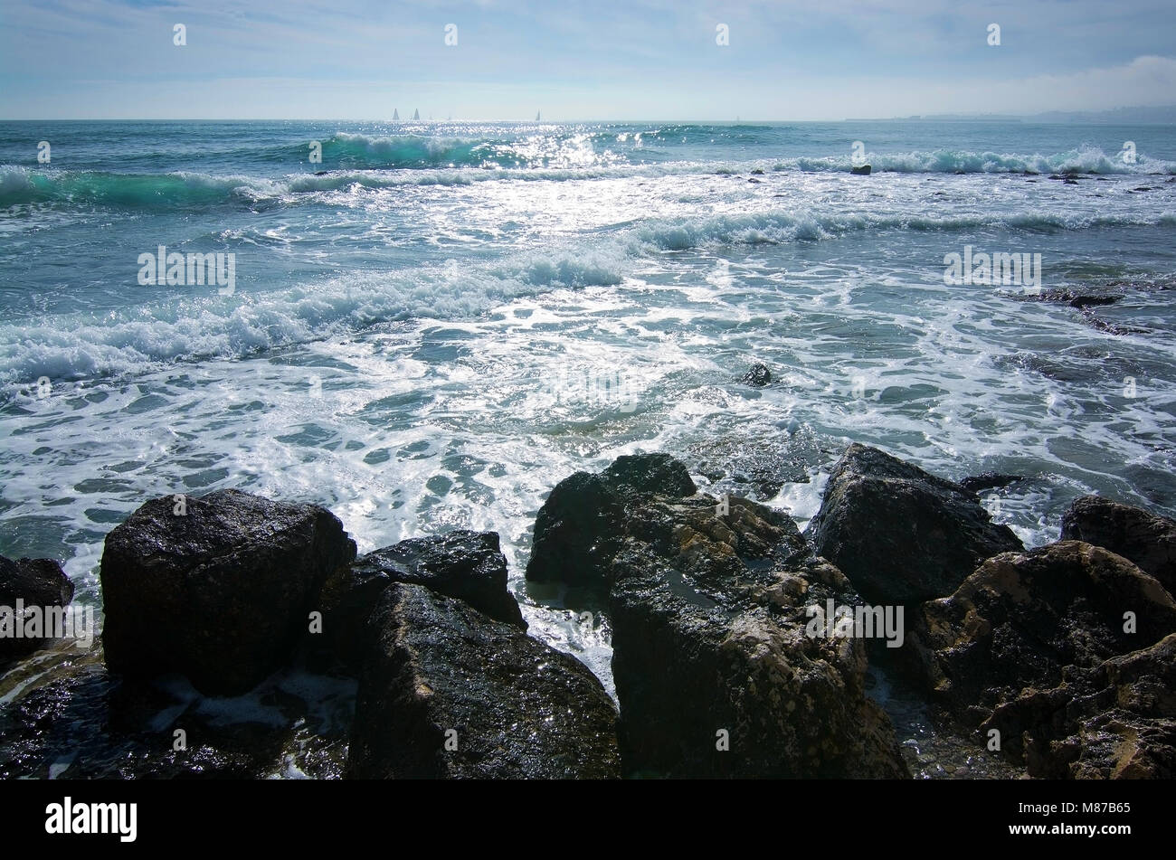 Natural Mediterranean winter seascape with milky white skies and clear ...